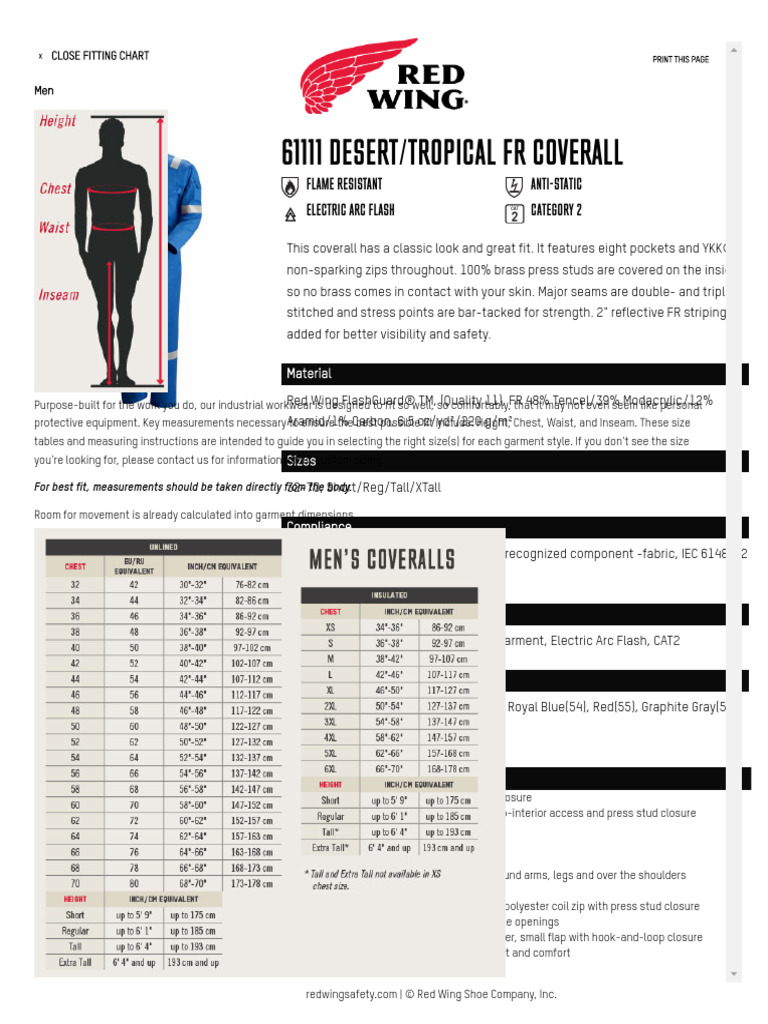 SIZE CHART - Men's Desert - Tropical FR Coverall | PDF | Seam (Sewing ...