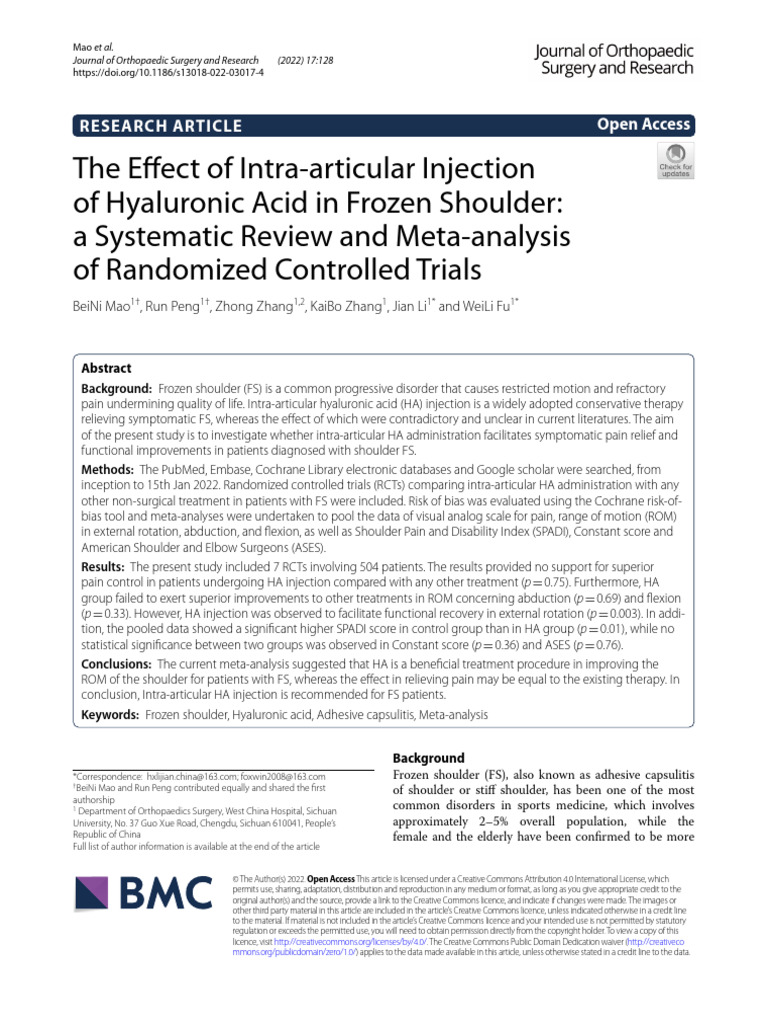 The Effect of Intra-Articular Injection of Hyaluronic Acid in Frozen Shoulder | PDF | Randomized ...