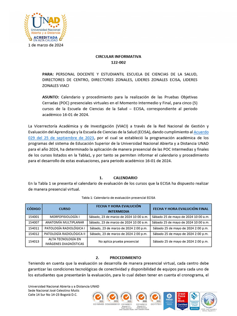 CIRCULAR ECISA - VIACI No. 122-002 Calendario y Procedimiento para La Realización de Las Pruebas ...