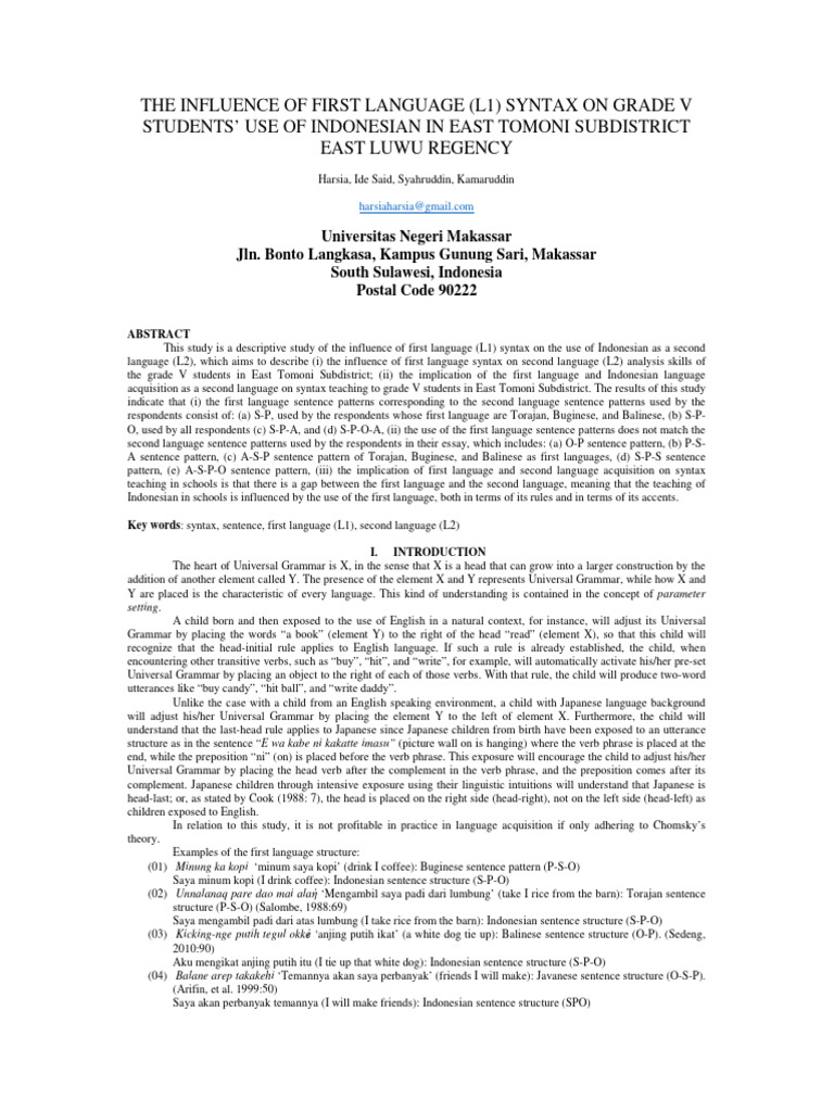 L1 Syntax Impact on Indonesian Use | PDF | Syntax | Second Language