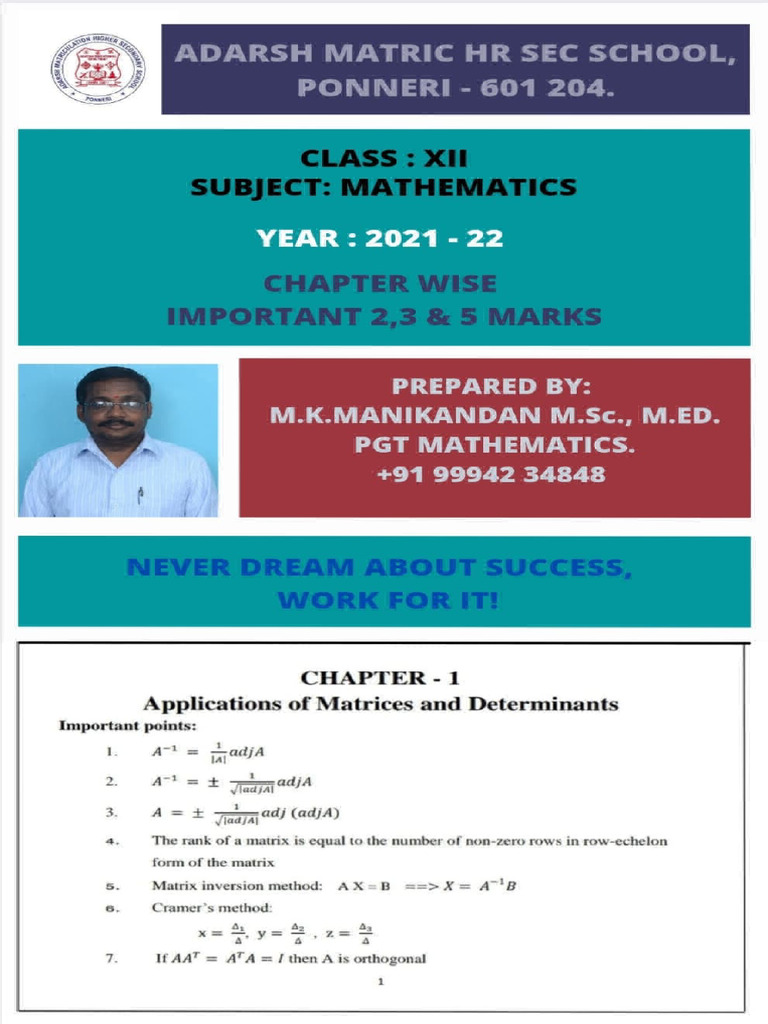 194 12th Maths Chapter Wise Important Questions English Medium PDF | PDF | Matrix (Mathematics ...