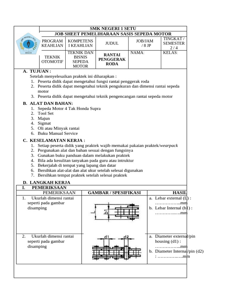 Jobsheet Rantai Penggerak Roda PSSM Kelas XI TBSM | PDF