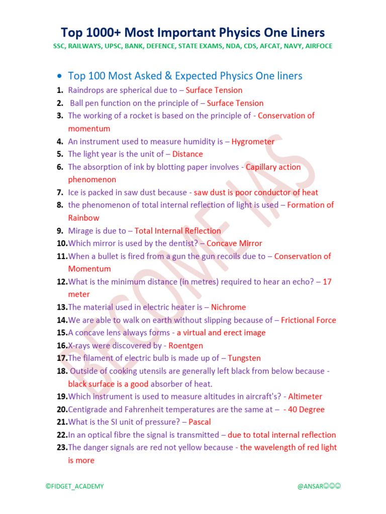 physics one liners | PDF | Light | Force