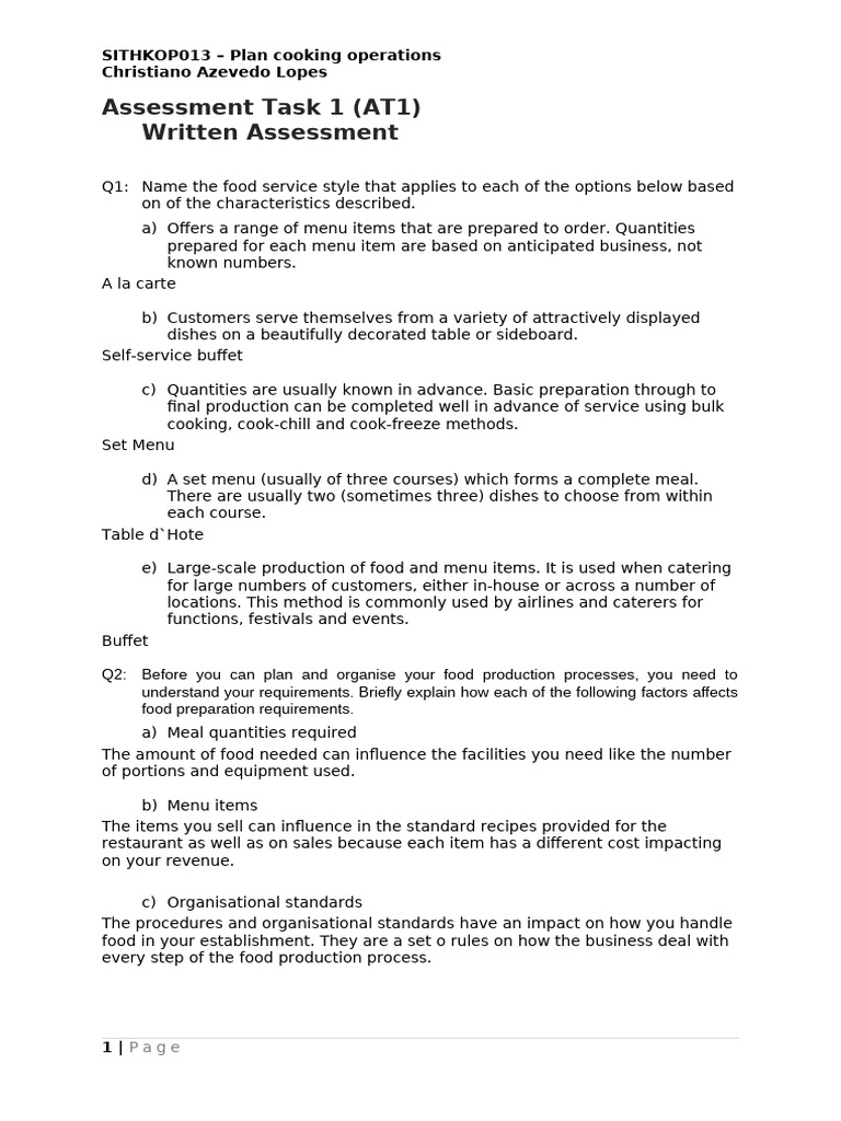 SITHKOP013 - Plan Cooking Operations - Christiano Azevedo Lopes | PDF ...