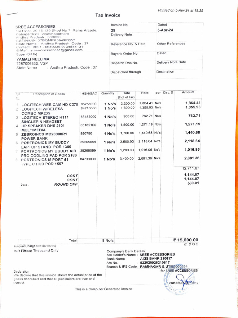 Sree Accessories Reimbursement Bill | PDF | Taxes | Government Finances