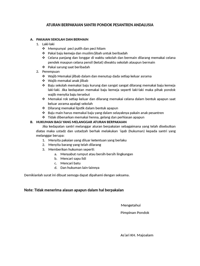 Aturan Berpakaian Santri Pondok Pesantren Andalusia | PDF