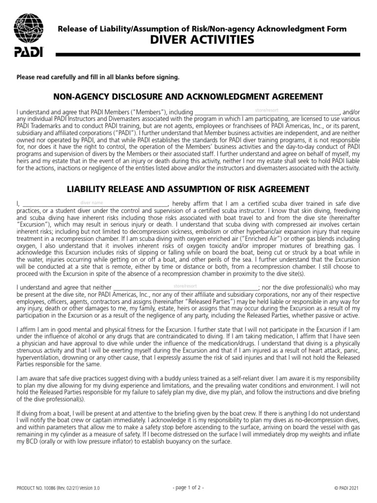 Diver Liability Release Form | PDF | Scuba Diving | Underwater Diving
