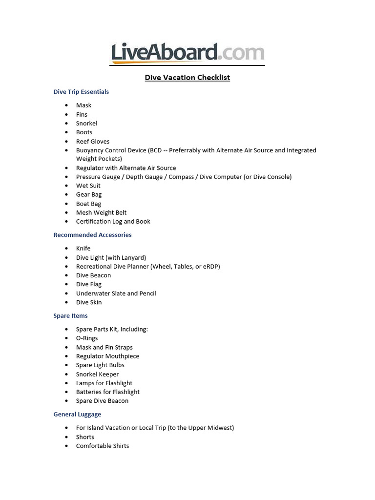 Dive_Trip_Checklist | PDF | Scuba Diving | Snorkeling
