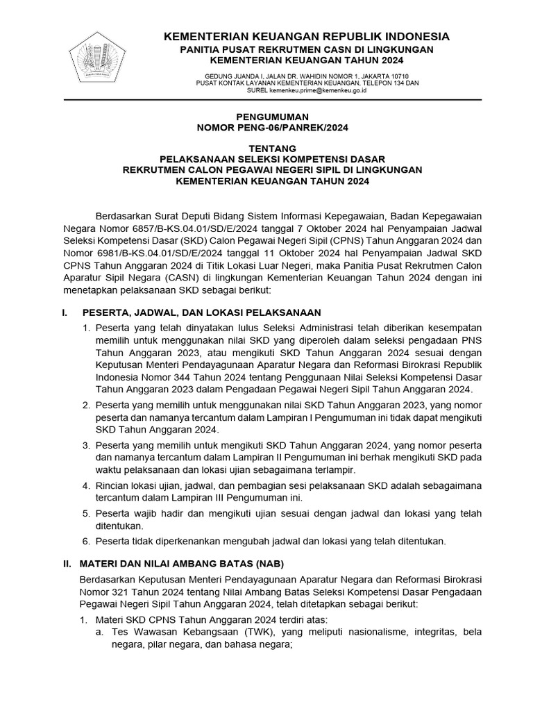 Pengumuman Pelaksanaan SKD Rekrutmen Cpns Di Lingkungan Kemenkeu Tahun 2024 | PDF | Bisnis ...
