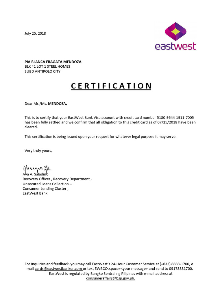 Bank Cert EastWest | PDF | Finance & Money Management