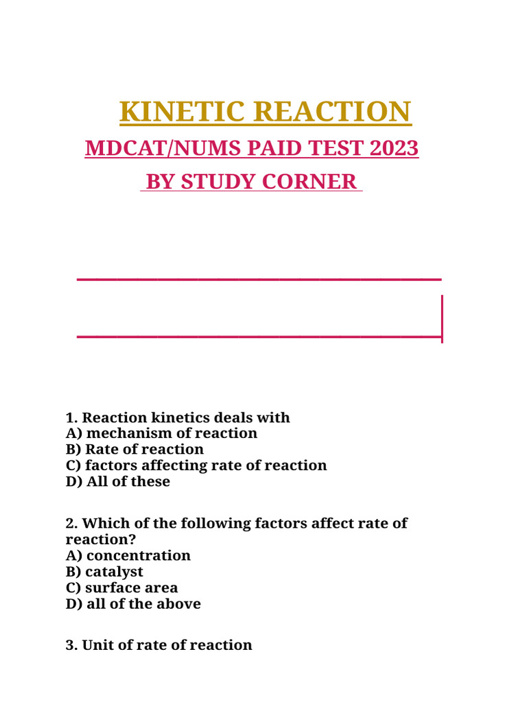 KINETIC_REACTION_MCQS_MDCAT_NUMS_PAID_TEST_BY_STUDY_CORNER_-1 | PDF ...