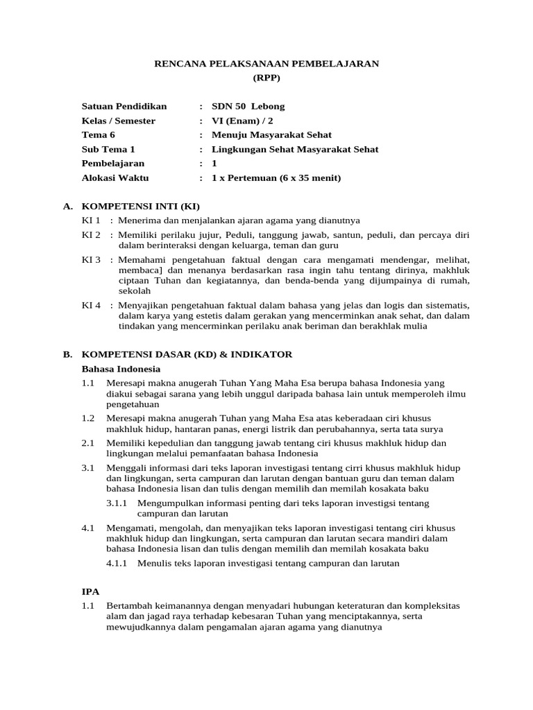 RPP Kelas VI Tema 6 - Semester 2 | PDF