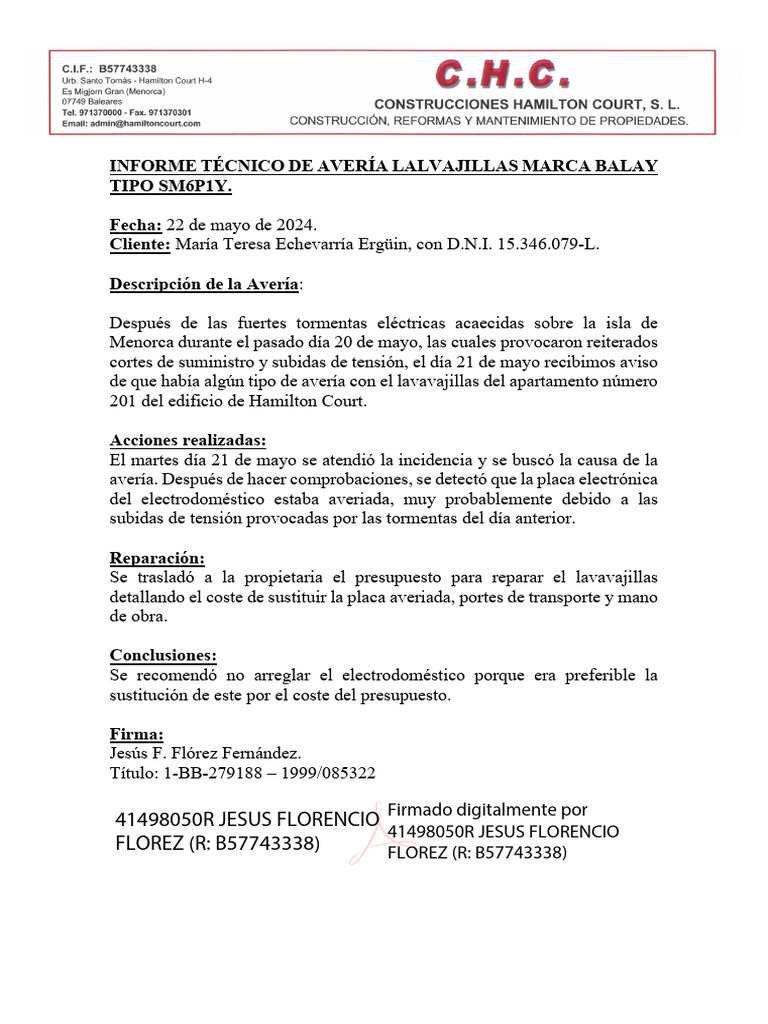 CHC INFORME TECNICO AVERIA LAVAVAJILLAS Rev | PDF | Hogar, jardinería y bricolaje | Tecnología