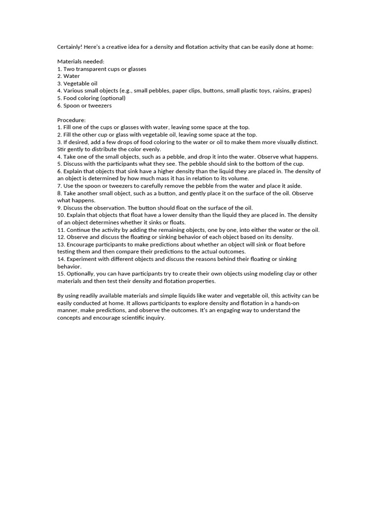 Density And Flotation Activity Idea Pdf