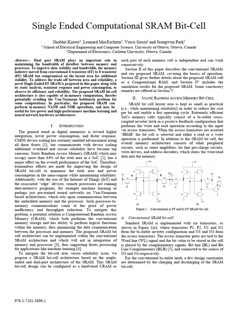 Single Ended Computational SRAM Bit-Cell | PDF | Computer Memory | Random Access Memory