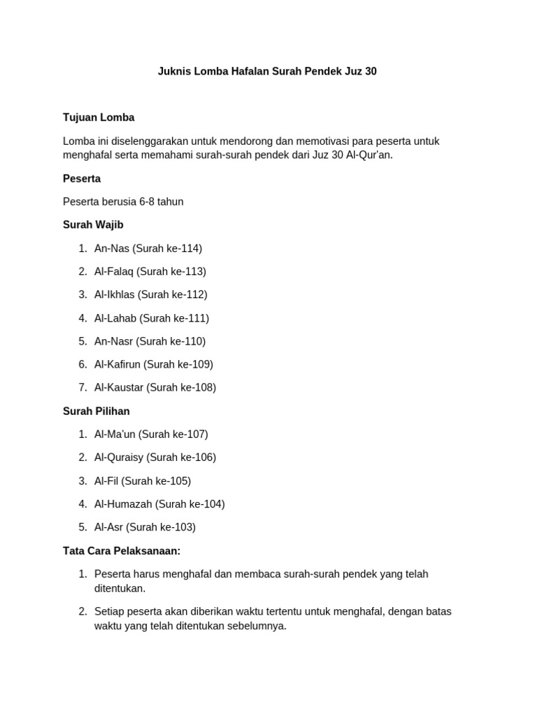 Juknis Lomba Hafalan Surah Pendek Juz 30 - Usia 6-8 Tahun | PDF
