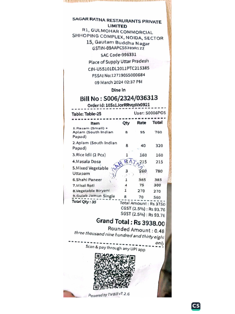 Sagar Restro Bill | PDF