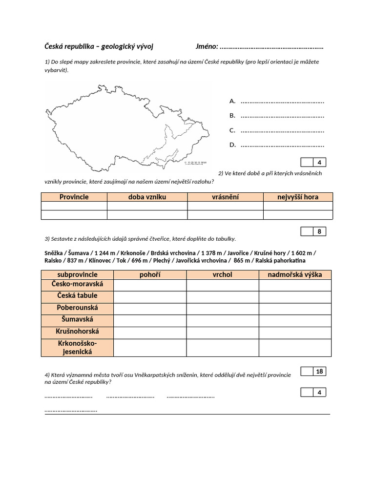 Pracovni List - Ceska Republika - Geologicky Vyvoj | PDF