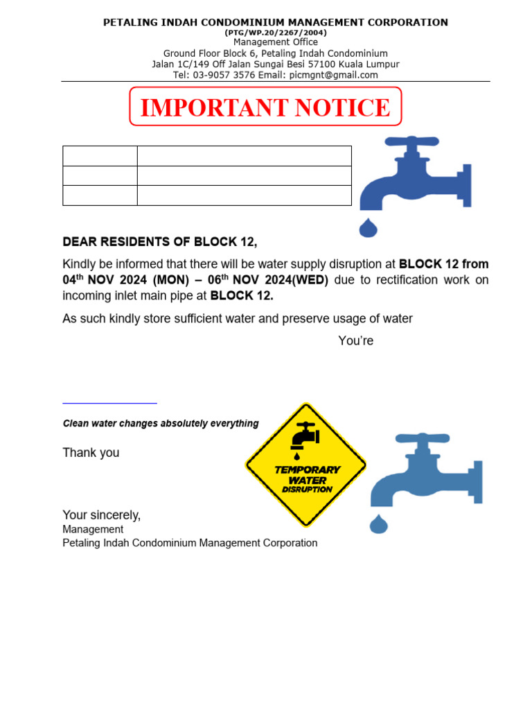 Notice - Water Disruption BLOCK 12 | PDF
