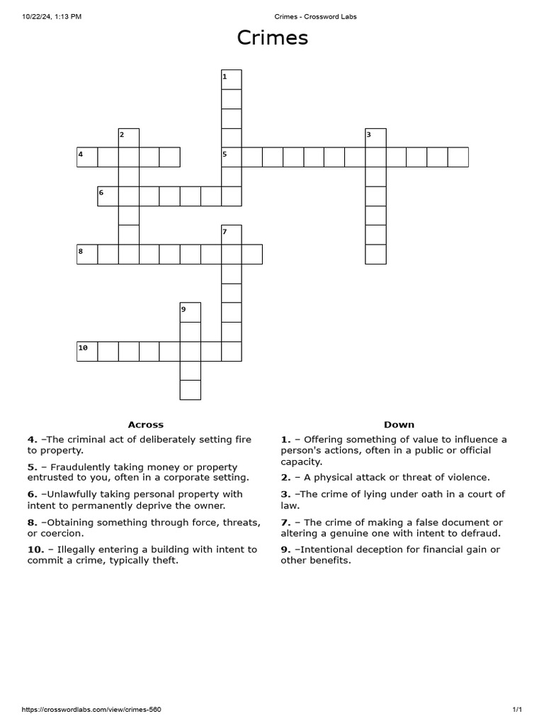 Types of Crimes Crossword Puzzle | PDF