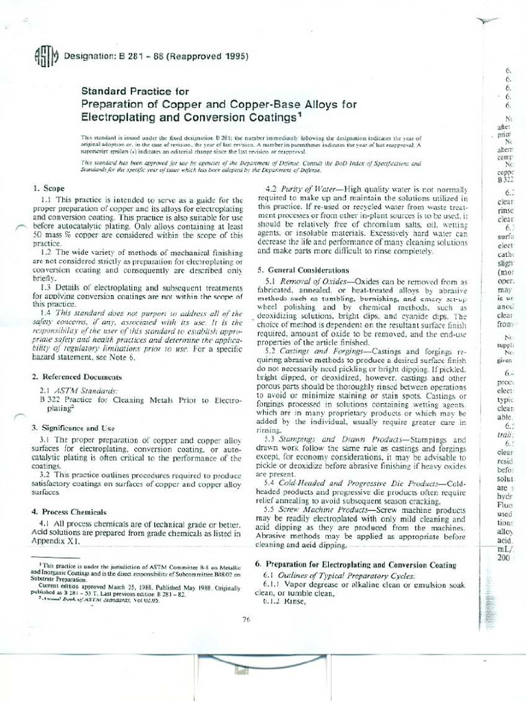 ASTM B281-88 Preperation of Copper and Alloy For Electroplating and Conversion Coat | PDF