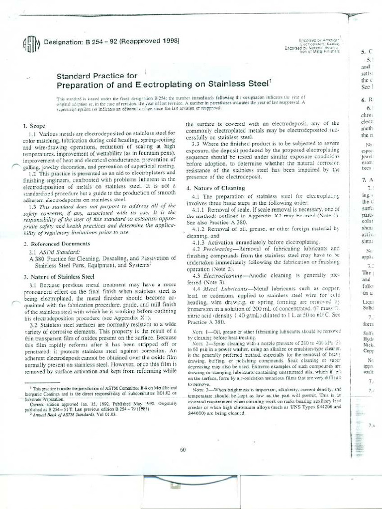 ASTM B254-92 Preperation of and Electroplating On Stainless Steel | PDF