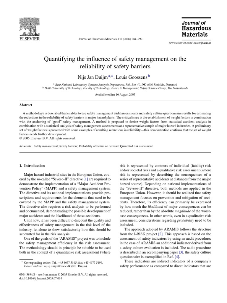 2006 - Duijm - Quantifying the influence of safety management on the ... 2006 - Duijm - Quantifying the influence of safety management on the ...