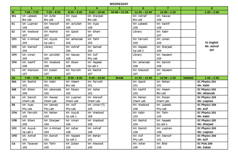 Wednesday Class Schedule Overview | PDF