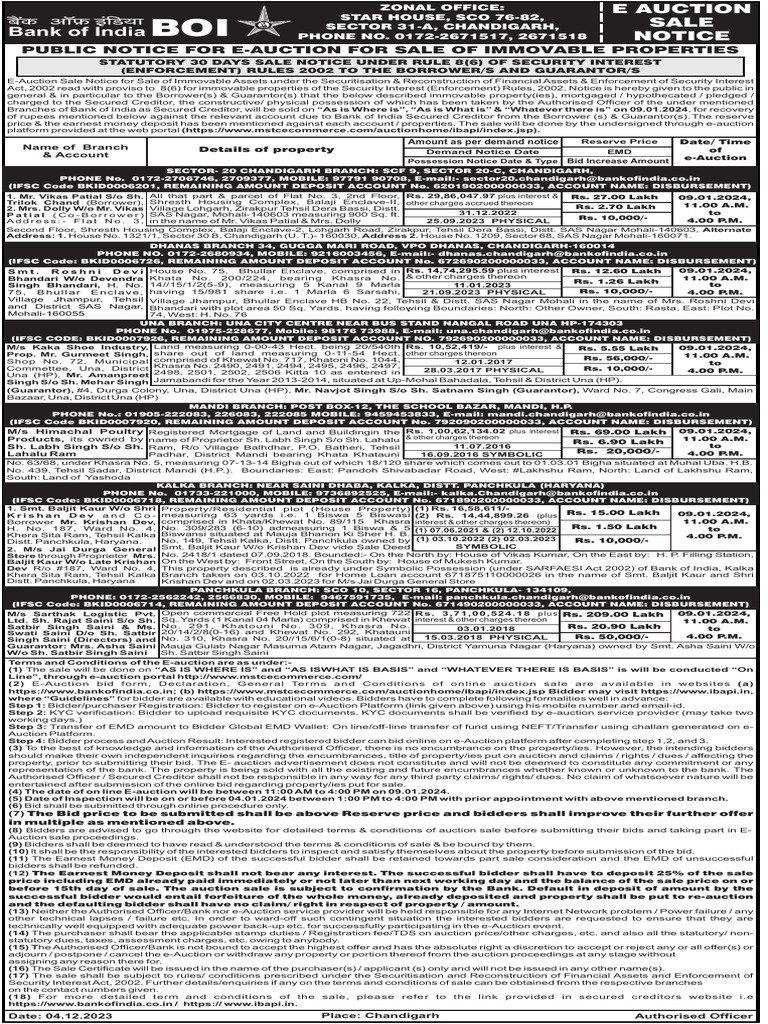BOI E-Auction Sale Notice - Chandigarh | PDF | Auction | Security Interest