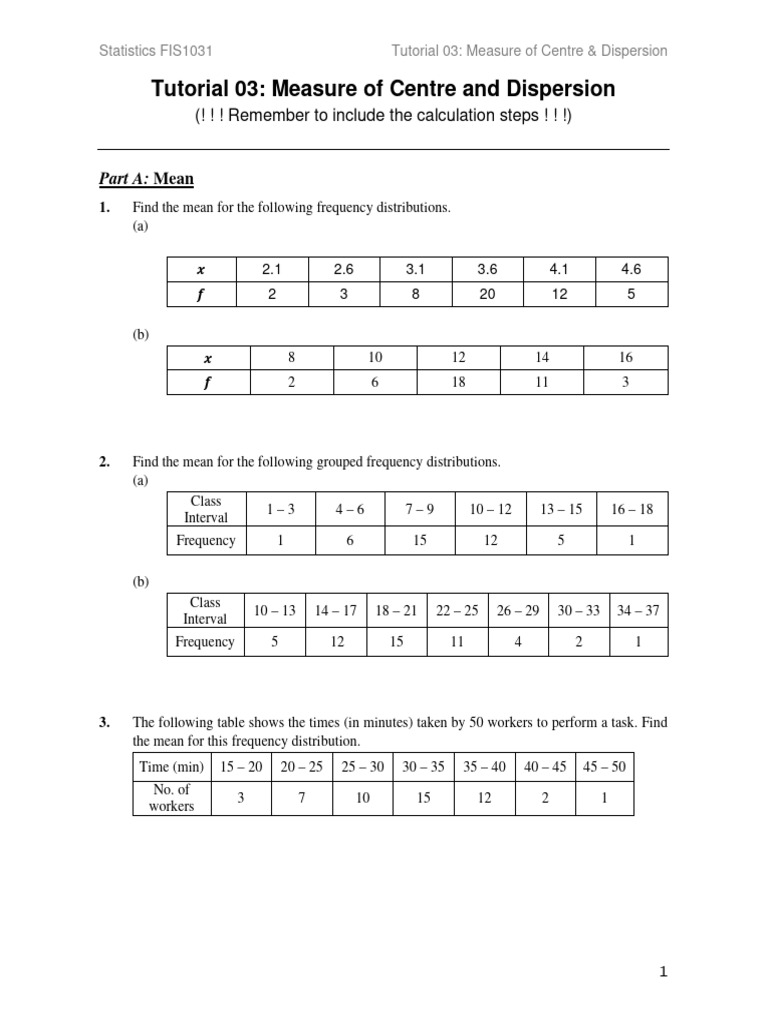 Tutorial 03 Measure of Centre and Dispersion | PDF | Standard Deviation ...