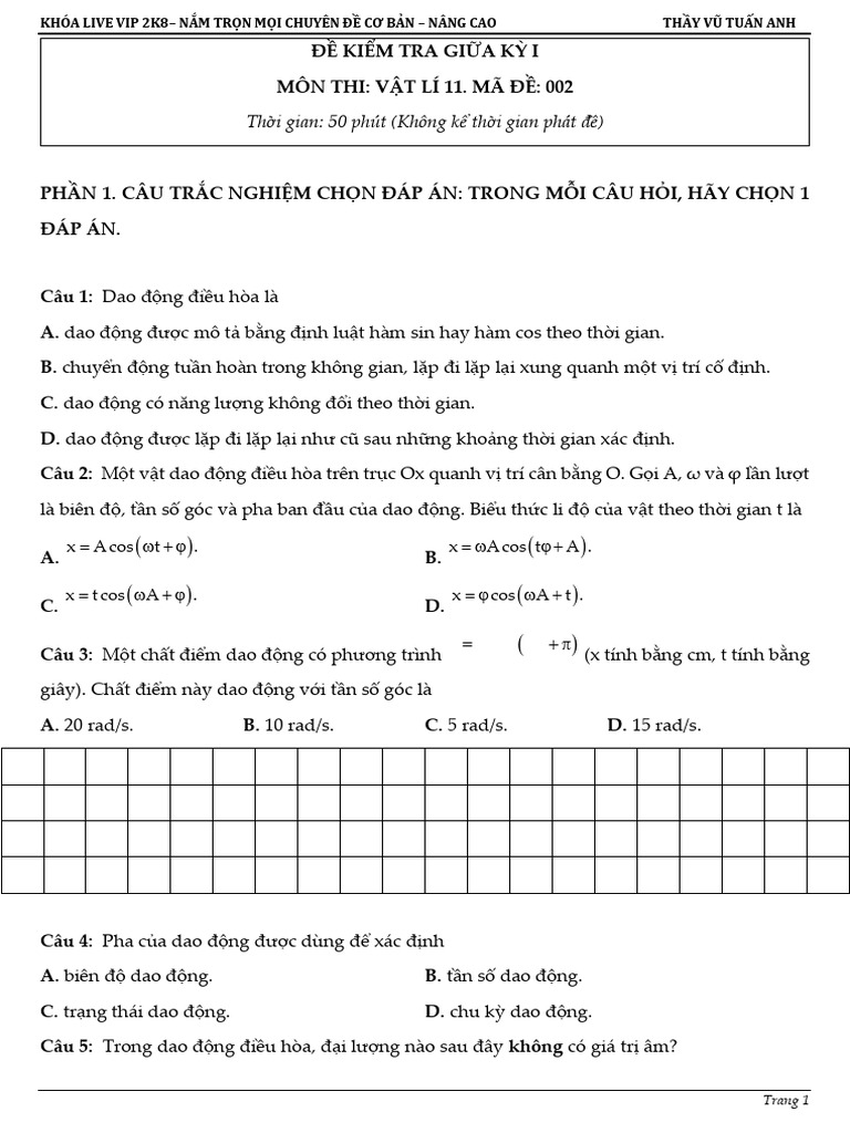 Vl11 - Đề Kt Gki - Mã Đề 001 | PDF