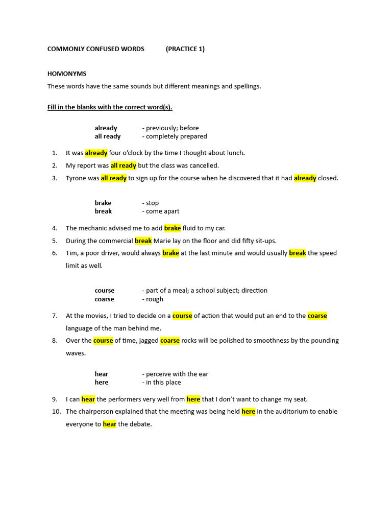 Commonly Confused Words (Practice 1) Ans | PDF
