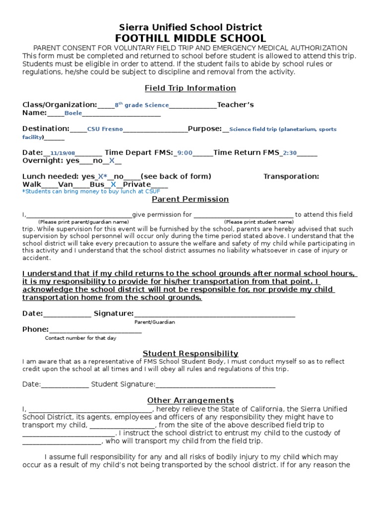 Science Field Trip Permission Slip | PDF | Legal Guardian | Insurance