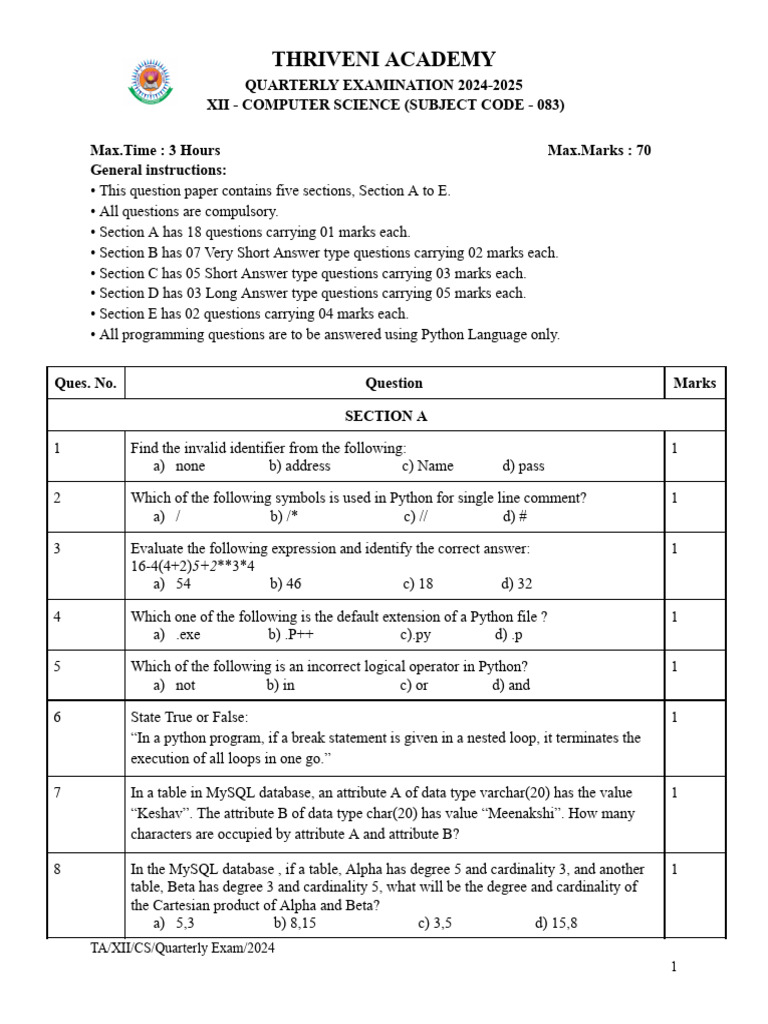 XII CS Quarterly Final QP | PDF | Control Flow | Python (Programming Language)