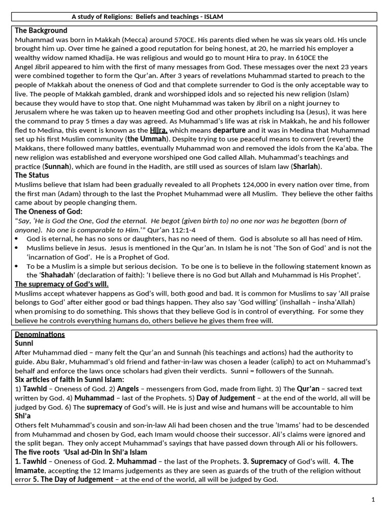 Beliefs & Teachings Islam Revision Notes | PDF | Prophets And ...