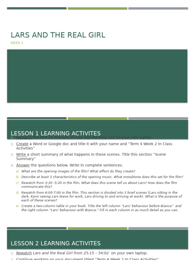 Lars and the Real Girl: Week 2 Activities | PDF | Art