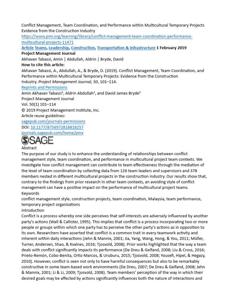 Conflict Management, Team Coordination, and Performance Within Multicultural Temporary Projects ...