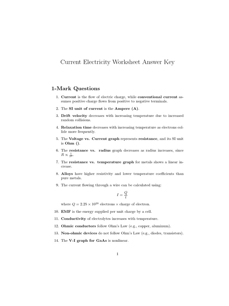 Current Electricity Answer Key | PDF | Electrical Resistivity And ...