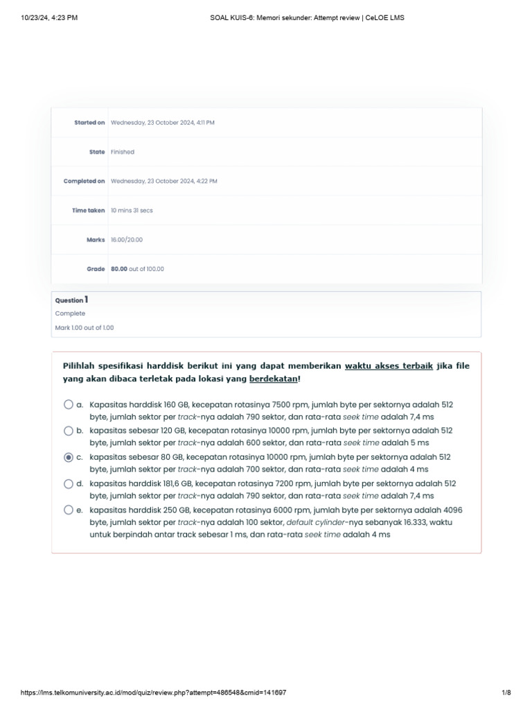 SOAL KUIS-6 - Memori Sekunder - Attempt Review - CeLOE LMS | PDF | Metode & Bahan Ajar ...