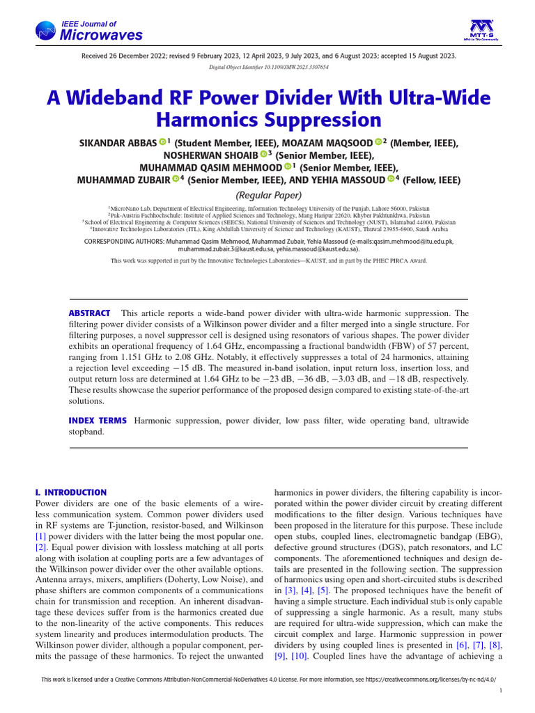 A Wideband RF Power Divider With Ultra-Wide Harmon (1) | PDF | Bandwidth (Signal Processing ...