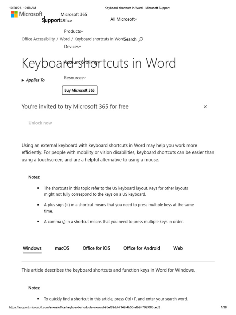 Keyboard Shortcuts in Word - Microsoft Support | PDF | Microsoft Word | Computer Keyboard