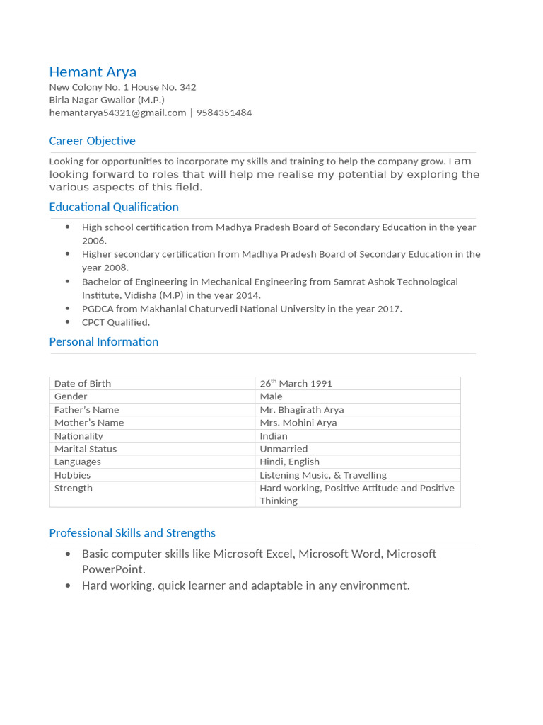 Hemant Arya CV New 002 | PDF | Behavior Modification | Cognition