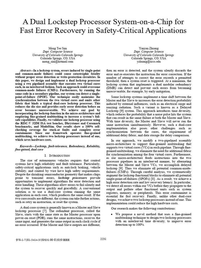 A Dual Lockstep Processor System On A Chip For Fast Error Recovery In