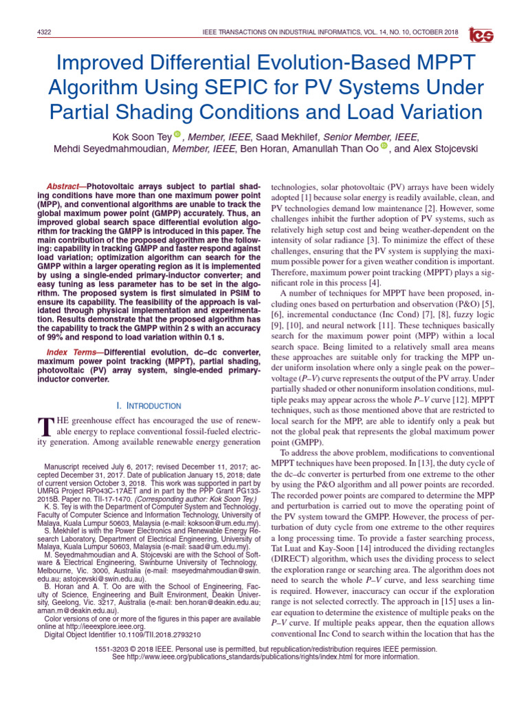 Improved Differential Evolution-Based MPPT Algorithm Using SEPIC For PV Systems Under Partial ...