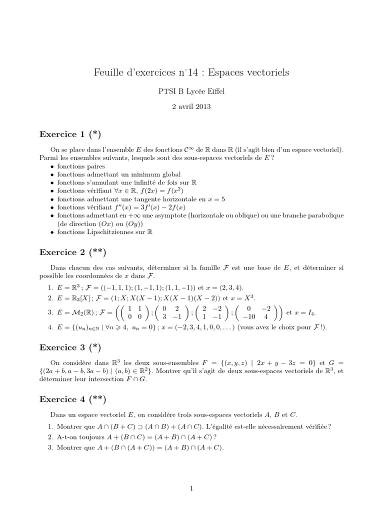Exercices sur les espaces vectoriels | PDF | Base (algèbre linéaire ...