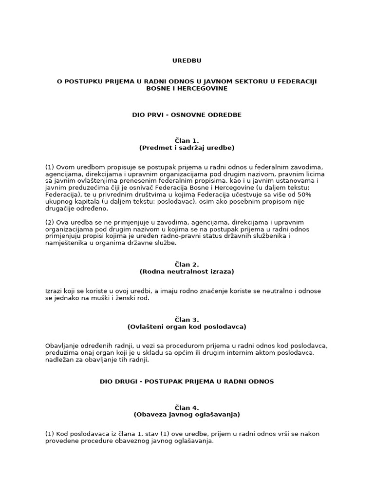 Uredba o Postupku Prijema u Radni Odnos u Javnom Sektoru u FBiH | PDF