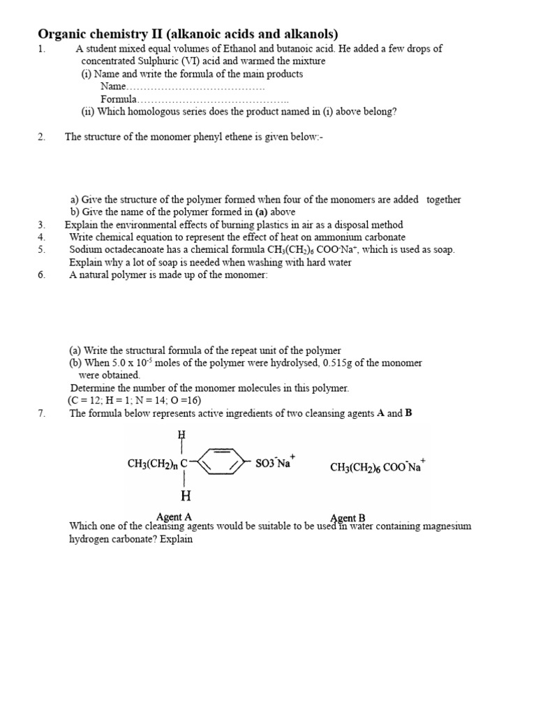 FORM 4 ORGANIC CHEMISTRY II QUESTIONS Teacher - Co - .Ke | PDF | Isotope | Polymers