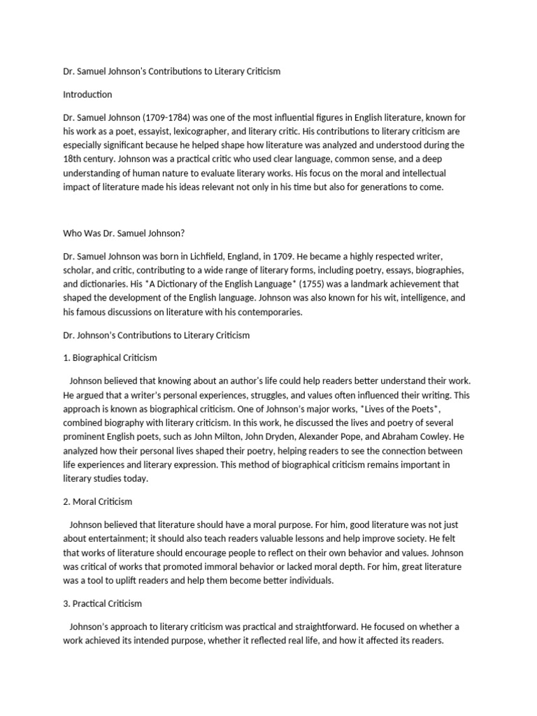 Johnson's Impact on Literary Criticism | PDF | Samuel Johnson | Biography