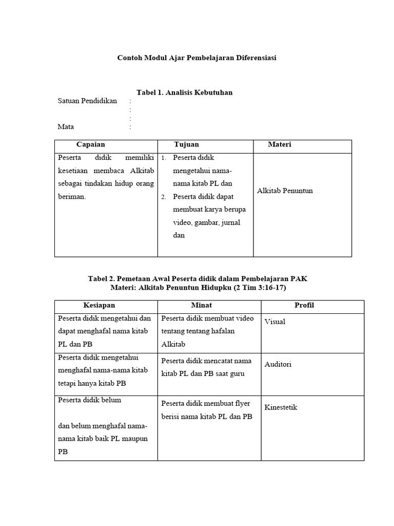 Contoh Modul Ajar Pembelajaran Diferensiasi | PDF