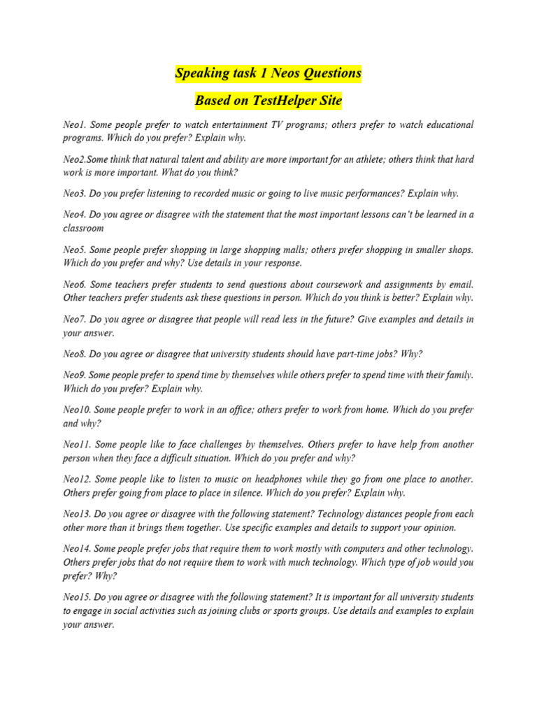 Speaking Task 1 Neos Questions | PDF | Career & Growth | Lifestyle